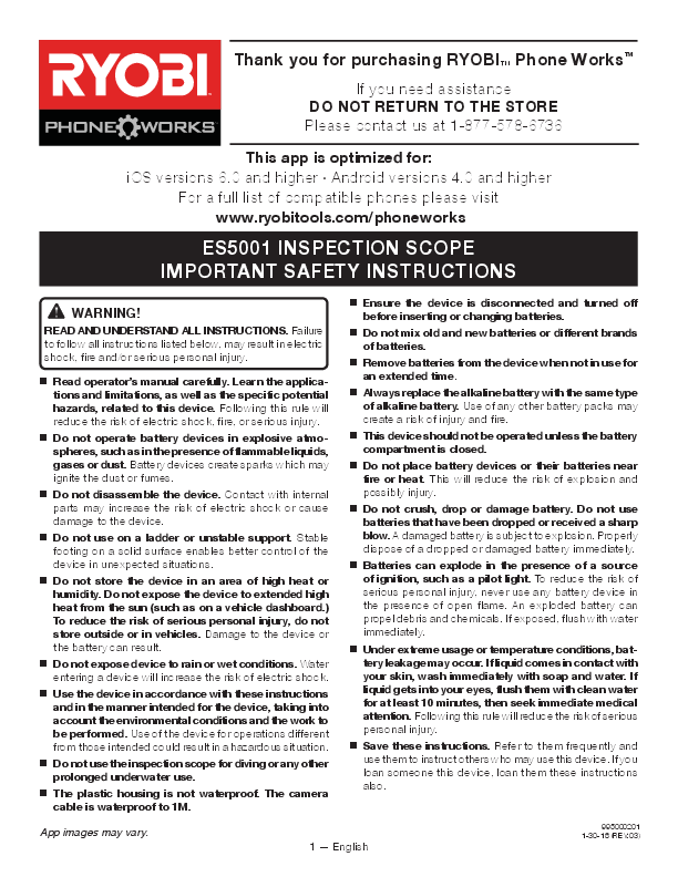 PHONE WORKS WIRELSS INSPECT SCOPE - RYOBI Tools